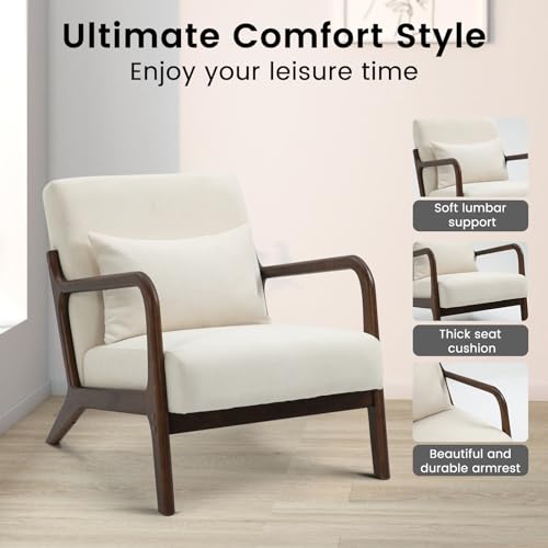 Unovivy Mid-Century Modern Accent, Upholstered Lounge Armchair with Wood Frame Thick Padded Backrest & Seat Cushion, Single Sofa Chair for Living, Bedroom, Reading Room, β30" Depth, White