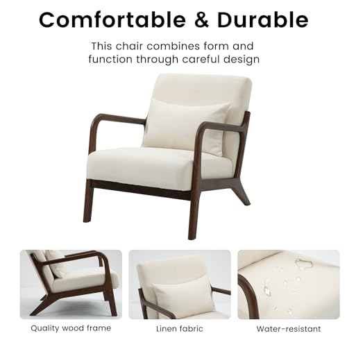Unovivy Mid-Century Modern Accent, Upholstered Lounge Armchair with Wood Frame Thick Padded Backrest & Seat Cushion, Single Sofa Chair for Living, Bedroom, Reading Room, β30" Depth, White