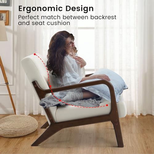 Unovivy Mid-Century Modern Accent, Upholstered Lounge Armchair with Wood Frame Thick Padded Backrest & Seat Cushion, Single Sofa Chair for Living, Bedroom, Reading Room, β30" Depth, White