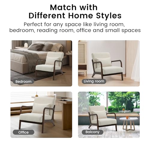 Unovivy Mid-Century Modern Accent, Upholstered Lounge Armchair with Wood Frame Thick Padded Backrest & Seat Cushion, Single Sofa Chair for Living, Bedroom, Reading Room, β30" Depth, White