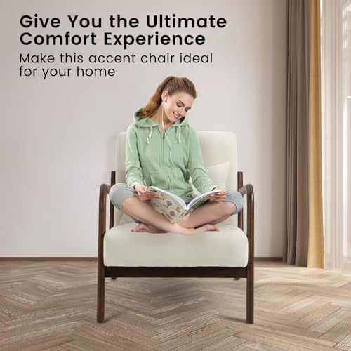 Unovivy Mid-Century Modern Accent, Upholstered Lounge Armchair with Wood Frame Thick Padded Backrest & Seat Cushion, Single Sofa Chair for Living, Bedroom, Reading Room, β30" Depth, White