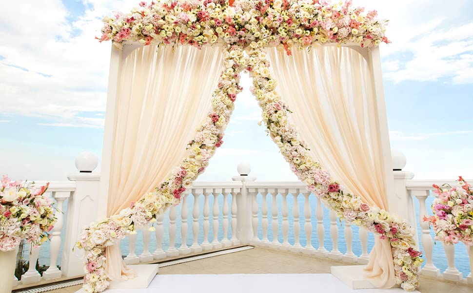 10x10ft Champagne Tulle Backdrop Curtain with String Light for Baby Shower Birthday Party Wedding Arch Living Room Wrinkle Free Sheer Window Curtains Wall Decoration Background