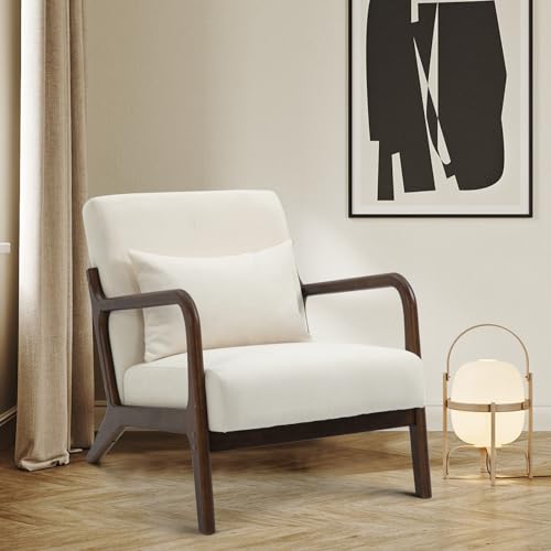 Unovivy Mid-Century Modern Accent, Upholstered Lounge Armchair with Wood Frame Thick Padded Backrest & Seat Cushion, Single Sofa Chair for Living, Bedroom, Reading Room, 30" Depth, White
