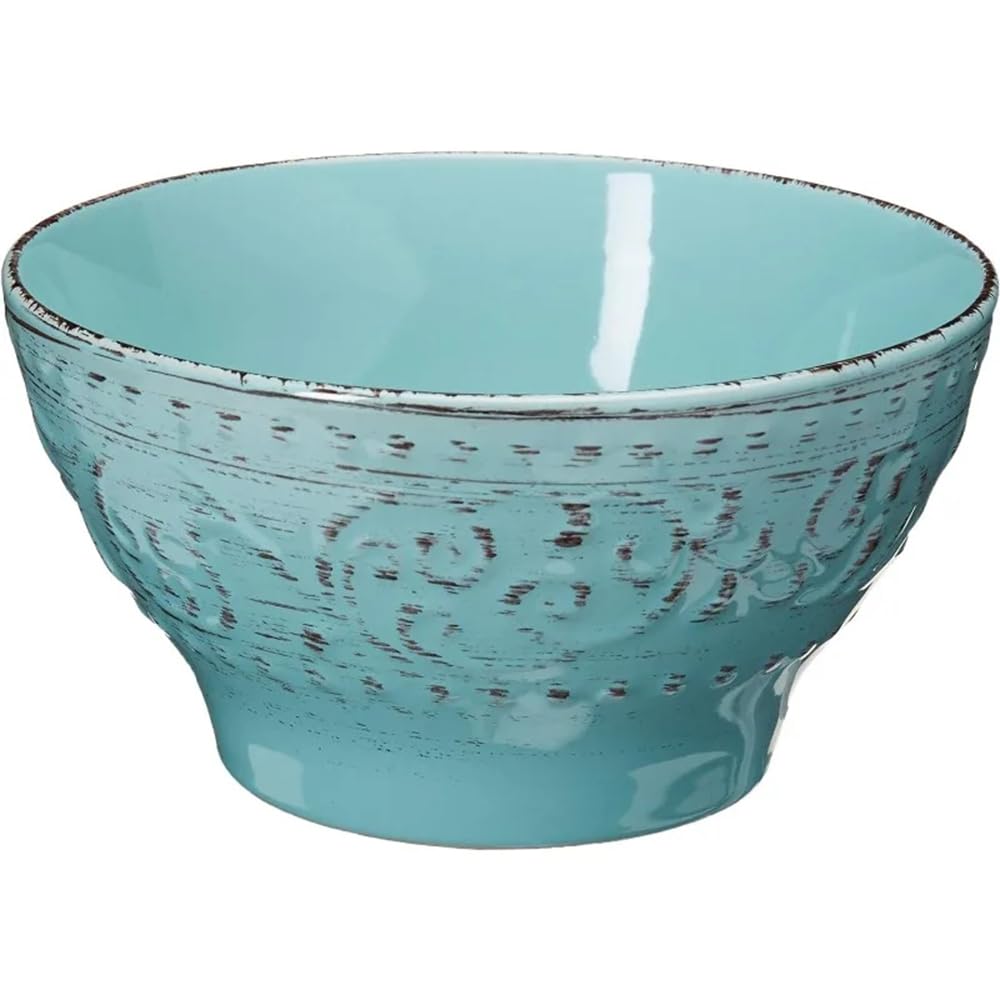 IHIPPO Round Dinnerware Sets Kitchen Utensils Set Embossed Stoneware Ocean Dinnerware Dish Set 16 Piece Turquoise Plates Stoneware Collection for Food Microwave and Dishwasher Safe Plates