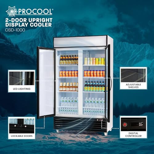 Procool Refrigeration Glass 2 Door Display Cooler "Ice Cold Beer" Design; 35 Cubic Ft., 45" Wide