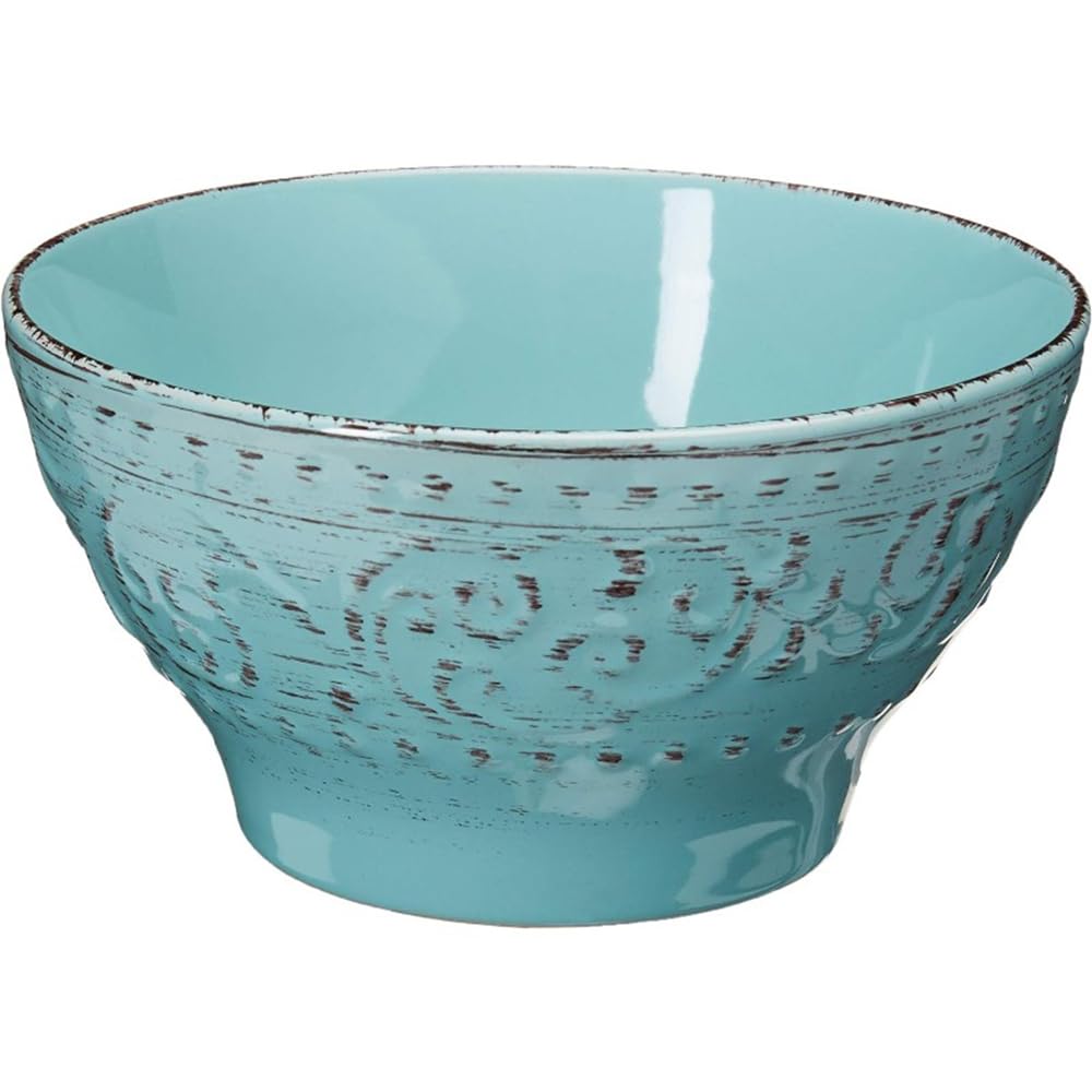 IHIPPO Round Dinnerware Sets Kitchen Utensils Set Embossed Stoneware Ocean Dinnerware Dish Set 16 Piece Turquoise Plates Stoneware Collection for Food Microwave and Dishwasher Safe Plates