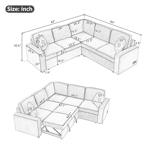 Eafurn Symmetrical Sectional Sofa with Pull Out Bed, 83" L-Shaped Convertible Corner Couch with Removable Backrest,Linen Upholstery Sofabed with USB Ports, 2 Power Sockets and Throw Pillows