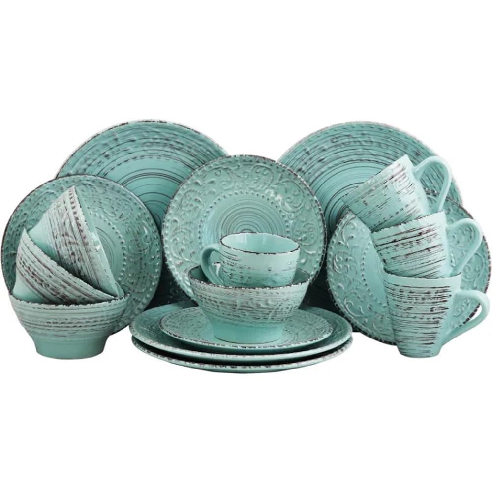 IHIPPO Round Dinnerware Sets Kitchen Utensils Set Embossed Stoneware Ocean Dinnerware Dish Set 16 Piece Turquoise Plates Stoneware Collection for Food Microwave and Dishwasher Safe Plates