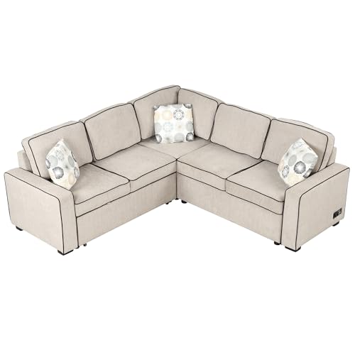 Eafurn Symmetrical Sectional Sofa with Pull Out Bed, 83" L-Shaped Convertible Corner Couch with Removable Backrest,Linen Upholstery Sofabed with USB Ports, 2 Power Sockets and Throw Pillows