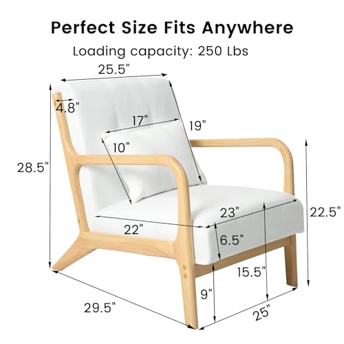 Unovivy Mid-Century Modern Accent, Upholstered Lounge Armchair with Wood Frame Thick Padded Backrest & Seat Cushion, Single Sofa Chair for Living, Bedroom, Reading Room, β30" Depth, Beige
