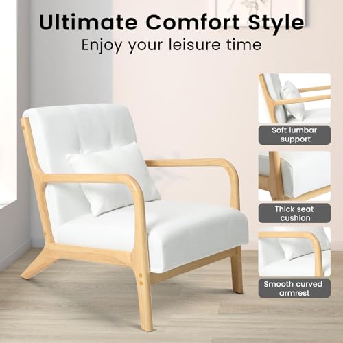 Unovivy Mid-Century Modern Accent, Upholstered Lounge Armchair with Wood Frame Thick Padded Backrest & Seat Cushion, Single Sofa Chair for Living, Bedroom, Reading Room, β30" Depth, Beige