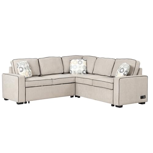 Eafurn Symmetrical Sectional Sofa with Pull Out Bed, 83" L-Shaped Convertible Corner Couch with Removable Backrest,Linen Upholstery Sofabed with USB Ports, 2 Power Sockets and Throw Pillows