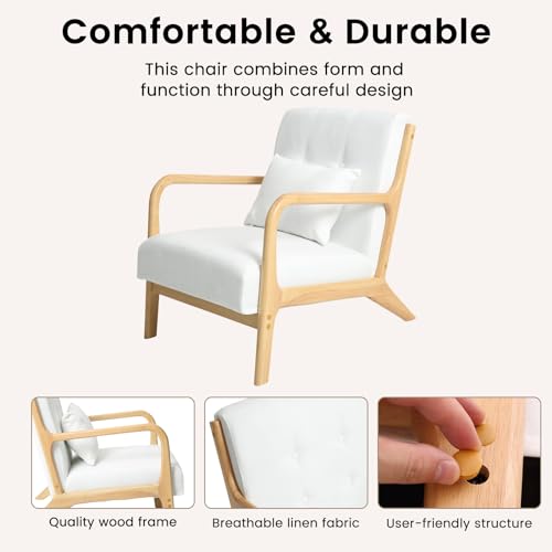 Unovivy Mid-Century Modern Accent, Upholstered Lounge Armchair with Wood Frame Thick Padded Backrest & Seat Cushion, Single Sofa Chair for Living, Bedroom, Reading Room, β30" Depth, Beige