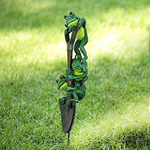 Dreamseden Frog Garden Statue Lawn Ornament Decor, 3 Cute Frogs Figurines on a Shovel, Fairy Outdoor Patio Yard Decorations
