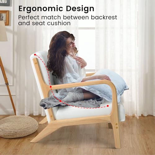 Unovivy Mid-Century Modern Accent, Upholstered Lounge Armchair with Wood Frame Thick Padded Backrest & Seat Cushion, Single Sofa Chair for Living, Bedroom, Reading Room, β30" Depth, Beige
