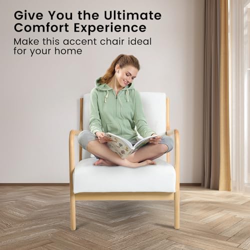 Unovivy Mid-Century Modern Accent, Upholstered Lounge Armchair with Wood Frame Thick Padded Backrest & Seat Cushion, Single Sofa Chair for Living, Bedroom, Reading Room, β30" Depth, Beige