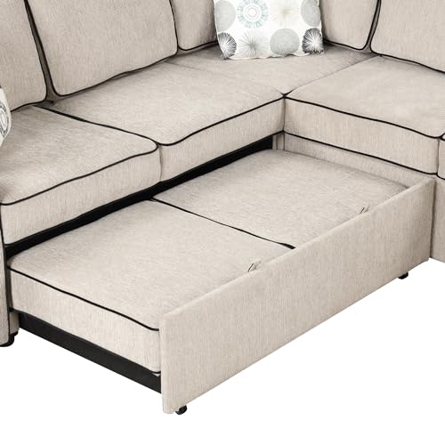 Eafurn Symmetrical Sectional Sofa with Pull Out Bed, 83" L-Shaped Convertible Corner Couch with Removable Backrest,Linen Upholstery Sofabed with USB Ports, 2 Power Sockets and Throw Pillows