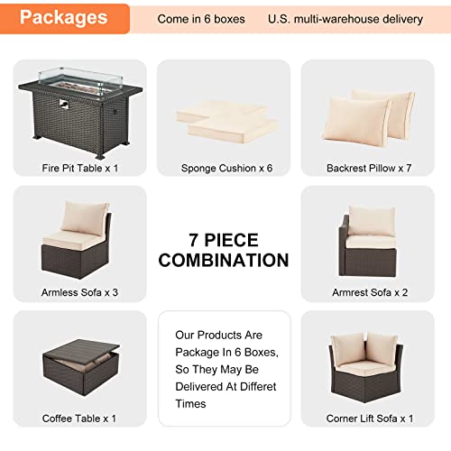 HOMREST 7 Pieces Patio Furniture Set with Fire Pit Table,Durable Outdoor Sectional Sofa Conversation Set w/Cushions and Pillows, 50,000 BTU Auto-Ignition Gas Fire Table w/Wind Guard ,CSA Certification