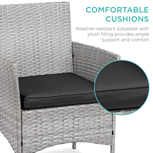 Best Choice Products 3-Piece Outdoor Wicker Conversation Bistro Set, Space Saving Patio Furniture for Yard, Garden w/ 2 Chairs, 2 Cushions, Side Storage Table - Gray/Black