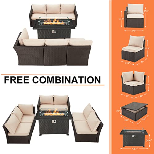 HOMREST 7 Pieces Patio Furniture Set with Fire Pit Table,Durable Outdoor Sectional Sofa Conversation Set w/Cushions and Pillows, 50,000 BTU Auto-Ignition Gas Fire Table w/Wind Guard ,CSA Certification