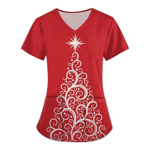 Scrub Top for Women Short Sleeve Workwear Quick-Drying Print Nurse Uniforms Easy Tops Mock Wrap Scrubs for Women(1-Red,X-Large)