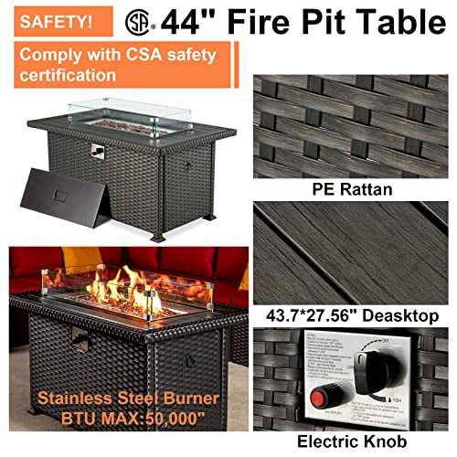 HOMREST 7 Pieces Patio Furniture Set with Fire Pit Table,Durable Outdoor Sectional Sofa Conversation Set w/Cushions and Pillows, 50,000 BTU Auto-Ignition Gas Fire Table w/Wind Guard ,CSA Certification