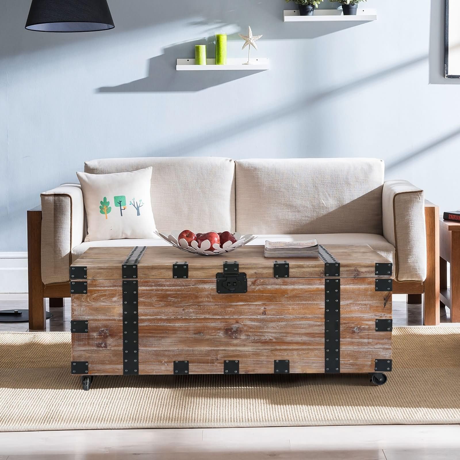 Mesnt Storage Cabinet for Bedroom, Antique Wood Gray Trunk Table and Side Table with Large Storage Dress Up Your Living Room