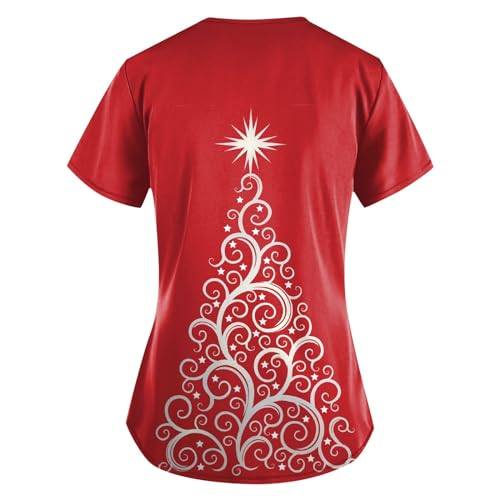 Scrub Top for Women Short Sleeve Workwear Quick-Drying Print Nurse Uniforms Easy Tops Mock Wrap Scrubs for Women(1-Red,X-Large)