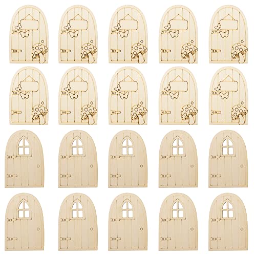 WYBG 20 Pcs Mini Fairy Door Wooden Garden Doors Craft Unpainted Fairy House Doors Fairy Theme Mini Door Shape Wooden Pieces Miniature Window Garden Door for DIY Craft Decoration