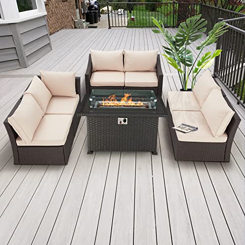 HOMREST 7 Pieces Patio Furniture Set with Fire Pit Table,Durable Outdoor Sectional Sofa Conversation Set w/Cushions and Pillows, 50,000 BTU Auto-Ignition Gas Fire Table w/Wind Guard ,CSA Certification
