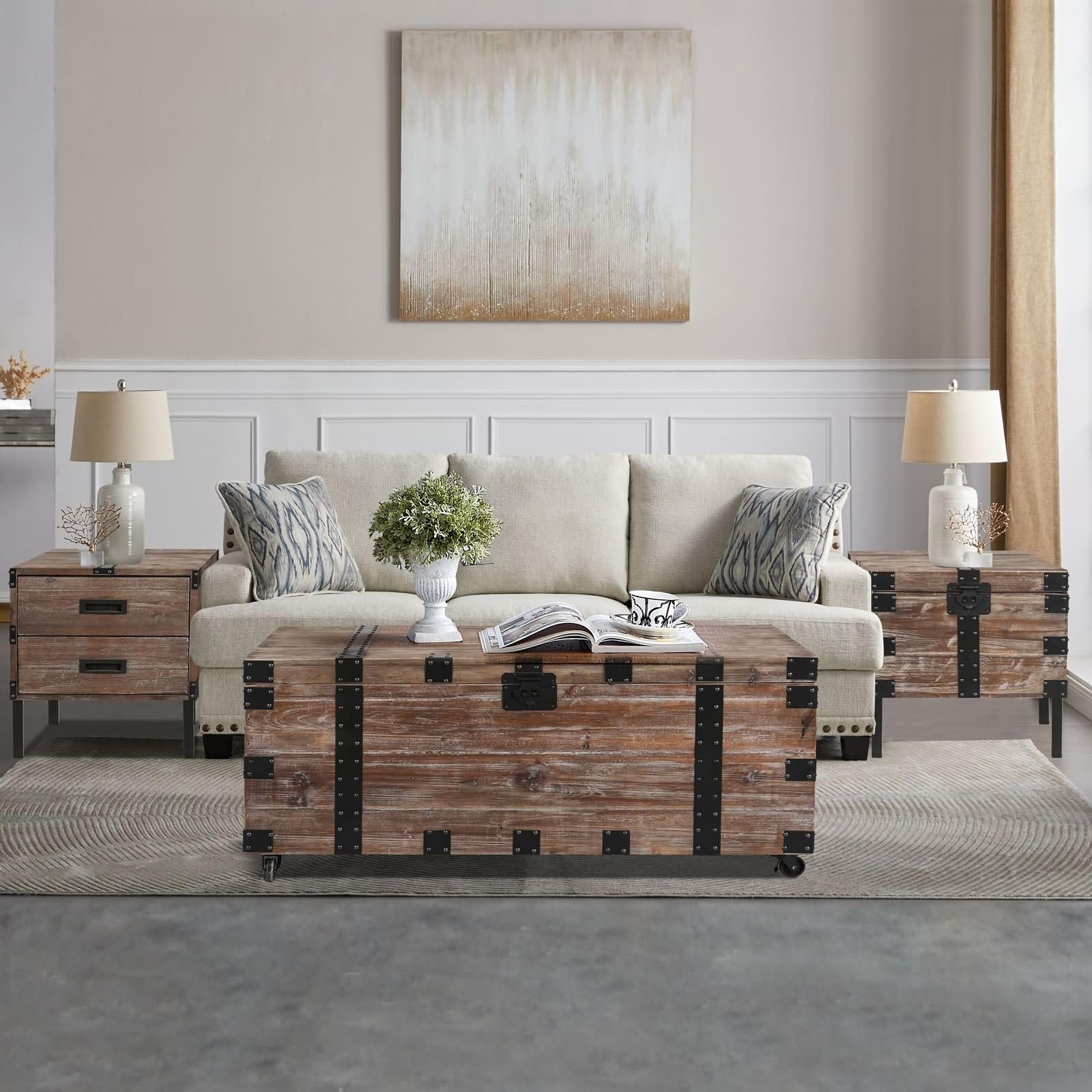 Mesnt Storage Cabinet for Bedroom, Antique Wood Gray Trunk Table and Side Table with Large Storage Dress Up Your Living Room