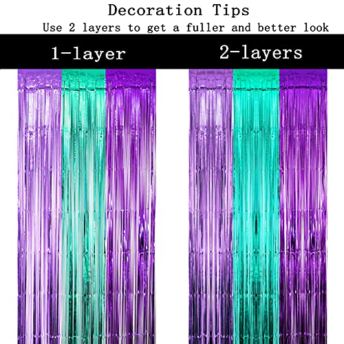 Teal Purple Tinsel Foil Fringe Curtains - Under The Sea Baby Shower Birthday Photo Backdrops Wedding Summer Beach Pool Party Decor Photo Booth Props Backdrops Decorations, 2PC