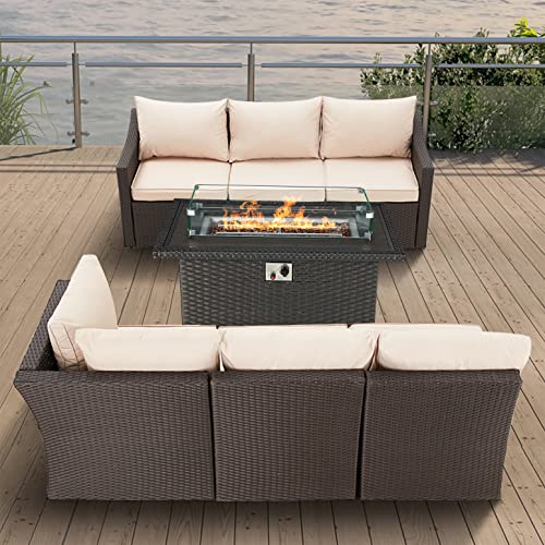 HOMREST 7 Pieces Patio Furniture Set with Fire Pit Table,Durable Outdoor Sectional Sofa Conversation Set w/Cushions and Pillows, 50,000 BTU Auto-Ignition Gas Fire Table w/Wind Guard ,CSA Certification