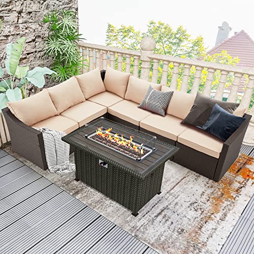 HOMREST 7 Pieces Patio Furniture Set with Fire Pit Table,Durable Outdoor Sectional Sofa Conversation Set w/Cushions and Pillows, 50,000 BTU Auto-Ignition Gas Fire Table w/Wind Guard ,CSA Certification