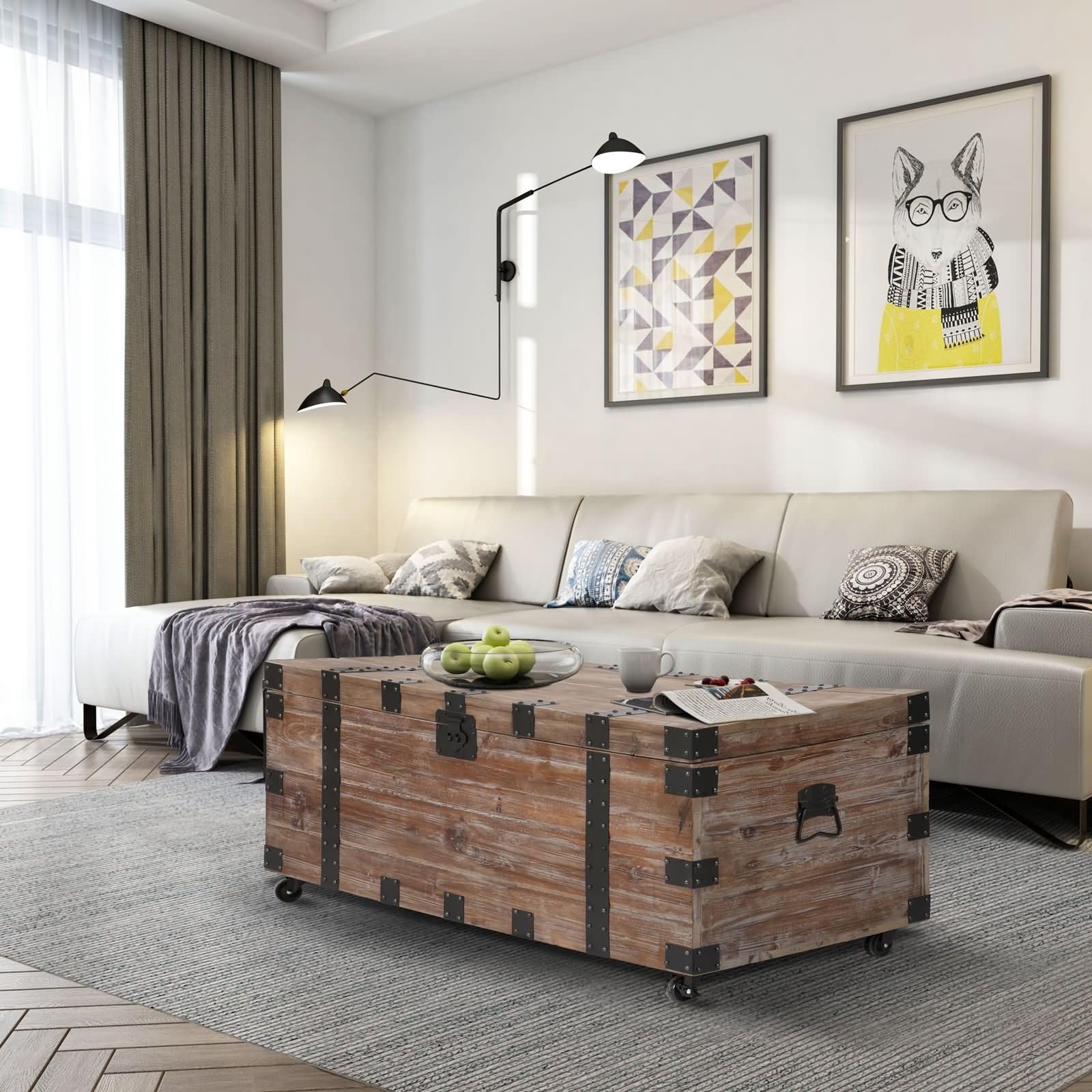 Mesnt Storage Cabinet for Bedroom, Antique Wood Gray Trunk Table and Side Table with Large Storage Dress Up Your Living Room