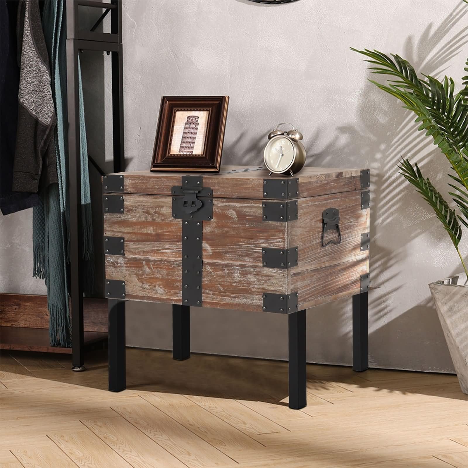 Mesnt Storage Cabinet for Bedroom, Antique Wood Gray Trunk Table and Side Table with Large Storage Dress Up Your Living Room
