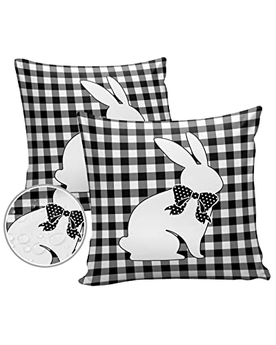 Outdoor Waterproof Throw Pillow Covers 2 Pack Rabbit Easter Bunny Point Bow Square Couch Sofa Cushion Cases White Black Checker Pillowcase Shell for Patio Garden Home Decoration