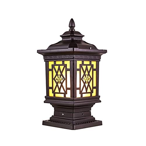 MODEBHD Column Lamp Brown Chinese Retro Rustproof Aluminum Metal Exterior Lamp Vintage Square Outdoor IP44 Waterproof Post Light Fixtures E27 Garden Wall Patio Pillar Lamp Stigma Light