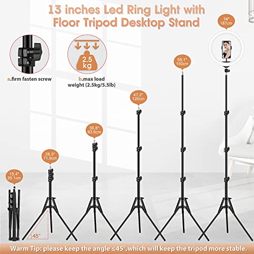 13 inch Ring Light with Floor Tripod and Desk Stand(Ringlight Kit Totally 74" Tall), LED Circle Light with Phone Holder, for Photo Selfie, Video Recording, Zoom Meeting