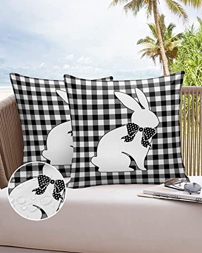 Outdoor Waterproof Throw Pillow Covers 2 Pack Rabbit Easter Bunny Point Bow Square Couch Sofa Cushion Cases White Black Checker Pillowcase Shell for Patio Garden Home Decoration