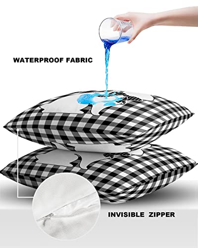 Outdoor Waterproof Throw Pillow Covers 2 Pack Rabbit Easter Bunny Point Bow Square Couch Sofa Cushion Cases White Black Checker Pillowcase Shell for Patio Garden Home Decoration
