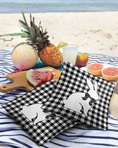 Outdoor Waterproof Throw Pillow Covers 2 Pack Rabbit Easter Bunny Point Bow Square Couch Sofa Cushion Cases White Black Checker Pillowcase Shell for Patio Garden Home Decoration