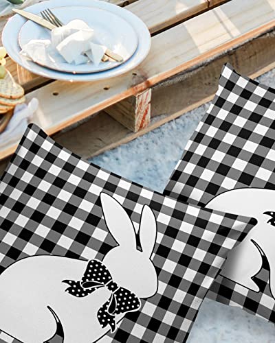 Outdoor Waterproof Throw Pillow Covers 2 Pack Rabbit Easter Bunny Point Bow Square Couch Sofa Cushion Cases White Black Checker Pillowcase Shell for Patio Garden Home Decoration