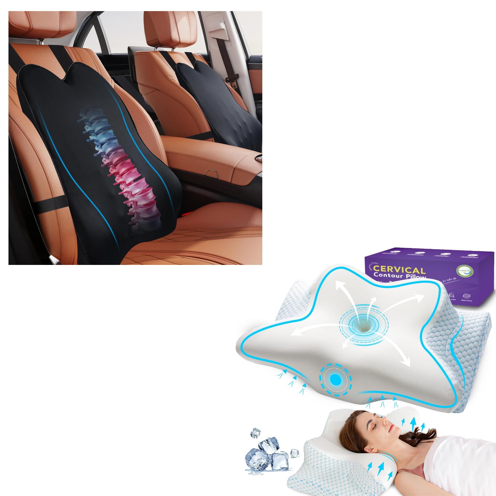 Iwacool Cooling Cervical Pillow for Neck Pain Relief and Lumbar Support Pillow for Car Seat