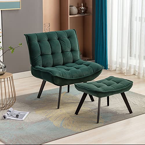 INMOZATA Modern Accent Chair Velvet Fabric Leisure Chair Armchair TV Chair Bedroom Chair with Footstool Black Legs for Indoor Home and Living Room,Dark Green