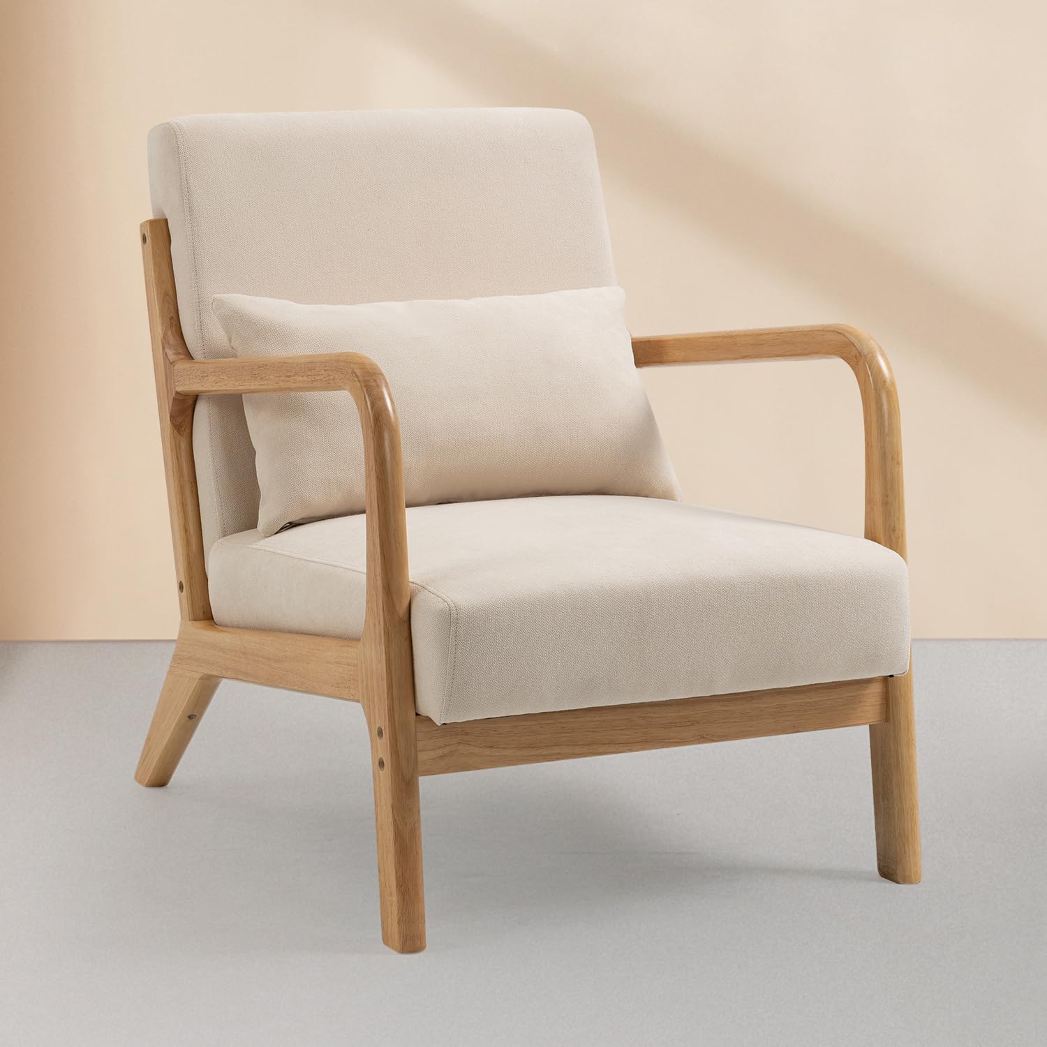 Tiophome Accent Mid-Century Modern Chairs with Pillow Upholstered Lounge Armchair with Solid Wood Frame & Soft Cushion for Living Room, Bedroom, Belcony, Beige