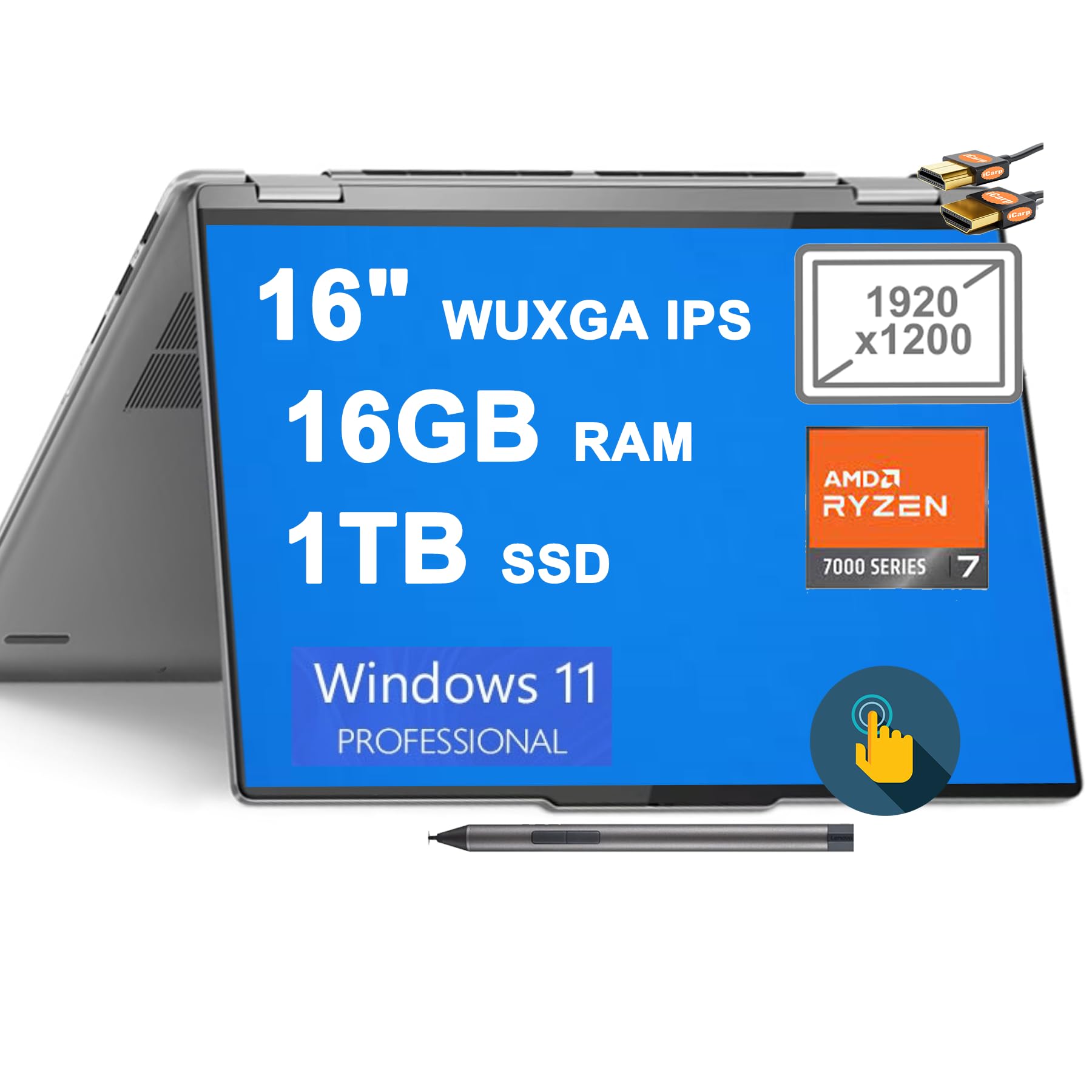 Lenovo Yoga 7 2-in-1 Laptop 16" WUXGA IPS Touchscreen AMD 8-Core Ryzen 7 7735U >i7-1255U 16GB DDR5 1TB SSD Radeon 680M Graphic Fingerprint Backlit USB-C with Pen Win11Pro Silver + HDMI Cable