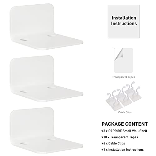OAPRIRE White Floating Wall Shelves Set of 3 for Security Cameras, Baby Monitors, Speakers & More - Universal Acrylic Small Wall Shelf with Cable Clips, 10-Piece Strong Tapes, No Drill