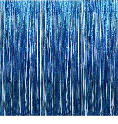 Foil Fringe Backdrop, 3 Pack 3.3 ft x 8.2 ft Photo Booth Backdrop Curtain for Parties - Tinsel Curtain Fringe Backdrop Party Decorations for Birthday, Wedding or Bachelorette Party (Laser Blue)