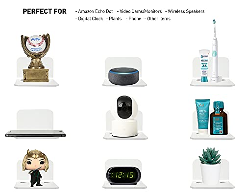 OAPRIRE White Floating Wall Shelves Set of 3 for Security Cameras, Baby Monitors, Speakers & More - Universal Acrylic Small Wall Shelf with Cable Clips, 10-Piece Strong Tapes, No Drill